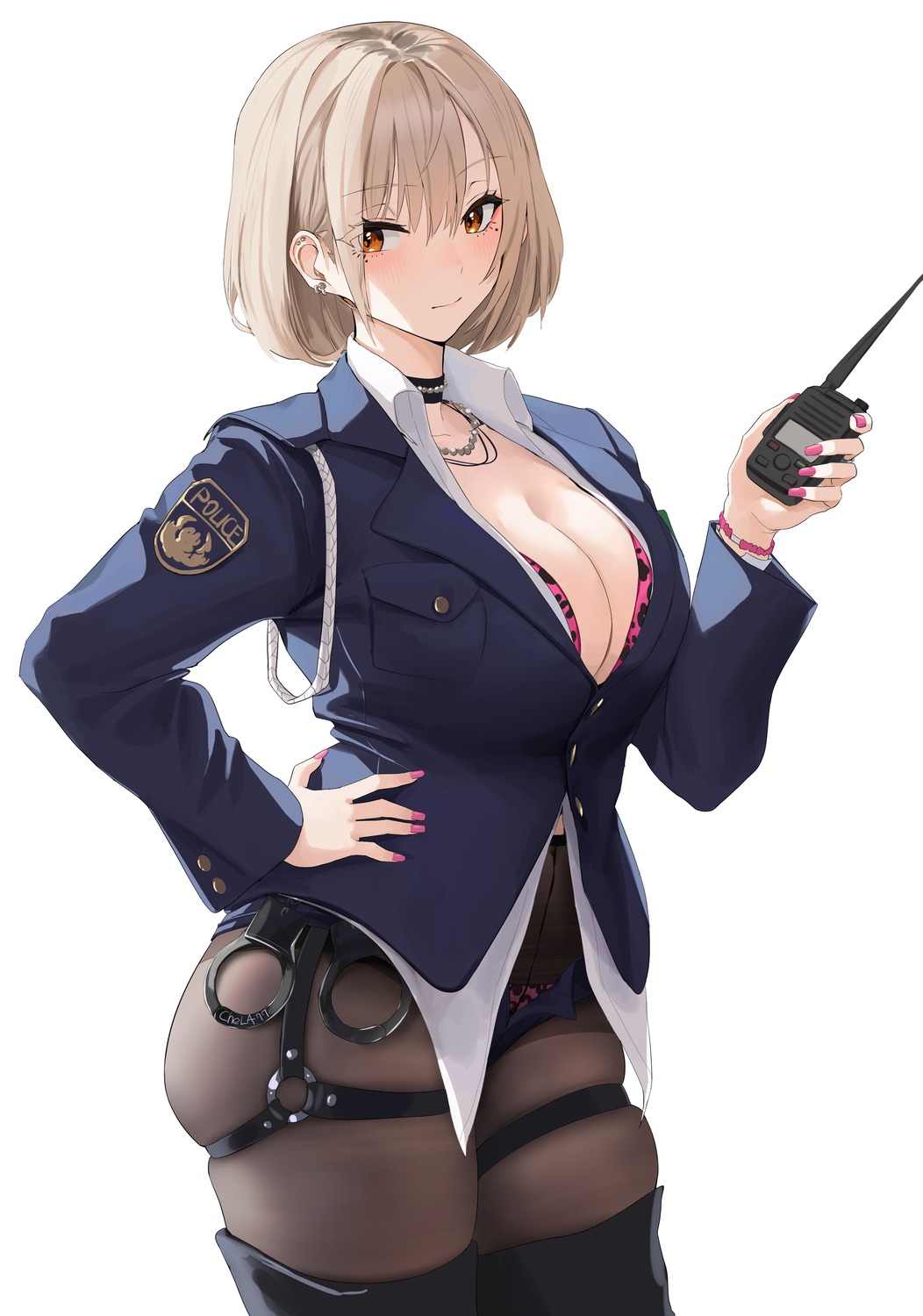 chela77 bra garter open shirt pantsu pantyhose police uniform thighhighs | #1101037 | yande.re